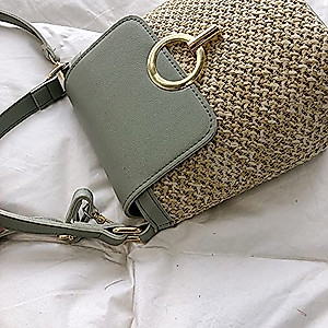 ASUYOERU Straw Weave Women Bucket Handbags Summer Beach Totes Travel Shoulder Bags, Green, 21 x 18 x 5cm