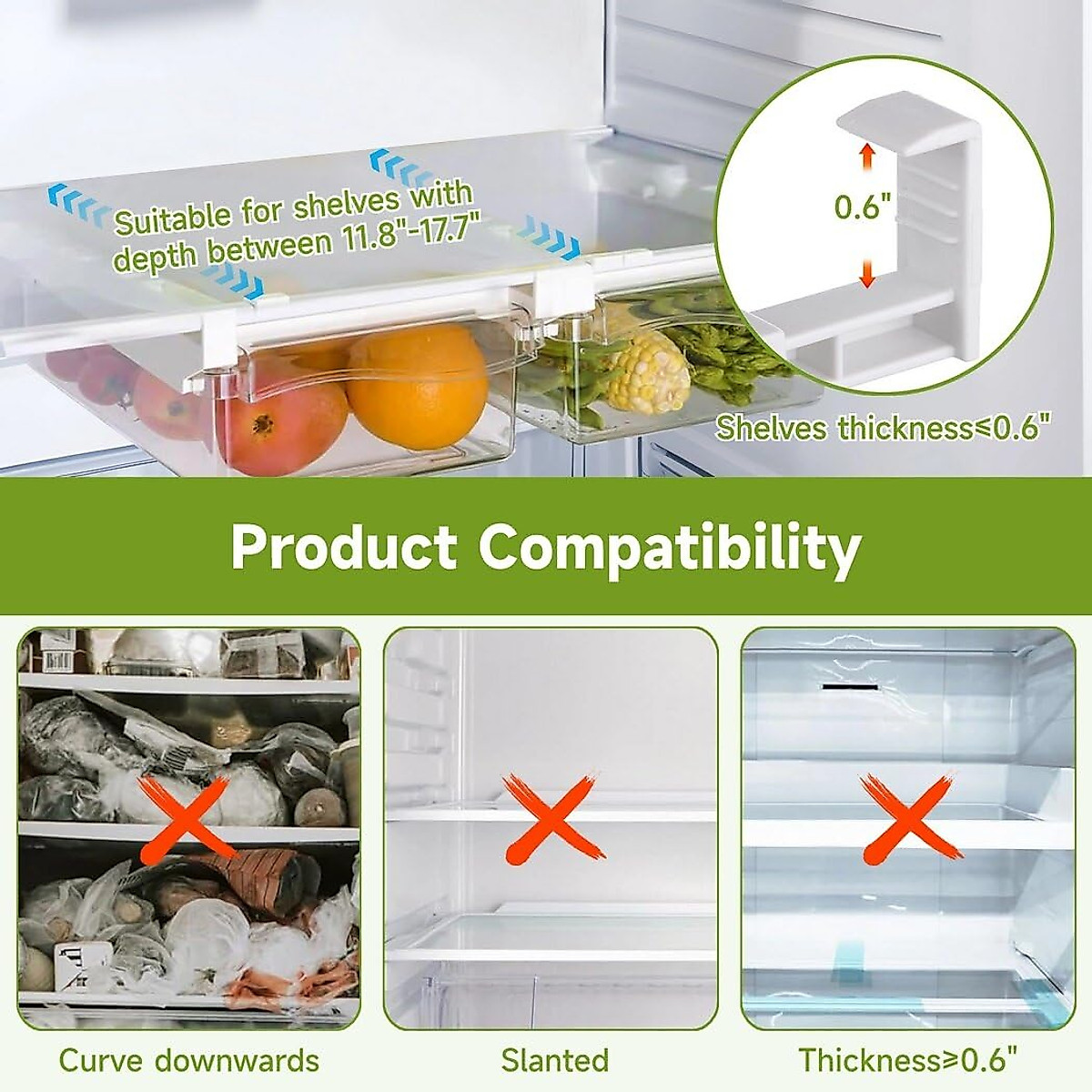 2 Pack Fridge Drawer Organizers - Adjustable Refrigerator Drawers for Fruit, Vegetable, Seafood, Transparent Pull-Out Shelf Holders, Fridge Storage Containers Fit Fridge Shelves Under 0.6''