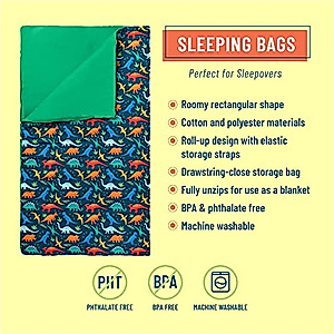 Wildkin Kids Sleeping Bags for Boys & Girls, Measures 57 x 30 x 1.5 Inches, Cotton Blend Materials Sleeping Bag for Kids, Ideal for Parties, Camping & Overnight Travel (Jurassic Dinosaurs)