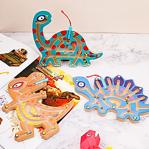 NiToy 3-Pack Wooden Magnetic Maze Toys for Kids 3+, Dinosaur Interactive Puzzle Game Boards Montessori Labyrinth STEM Activity Child Fine Motor Skill Development Preschool Birthday Gifts (3 Dinosaurs)