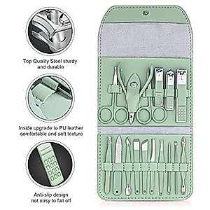 Leipple Manicure Set Professional Nail Clippers Pedicure Kit - 16 pcs Stainless Steel Grooming Kit - Nail Care Tools with Luxurious Travel Leather Case(Green)