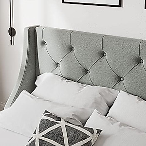 Allewie King Size Bed Frame with 4 Storage Drawers and Wingback Headboard, Button Tufted Design, No Box Spring Needed, Light Grey