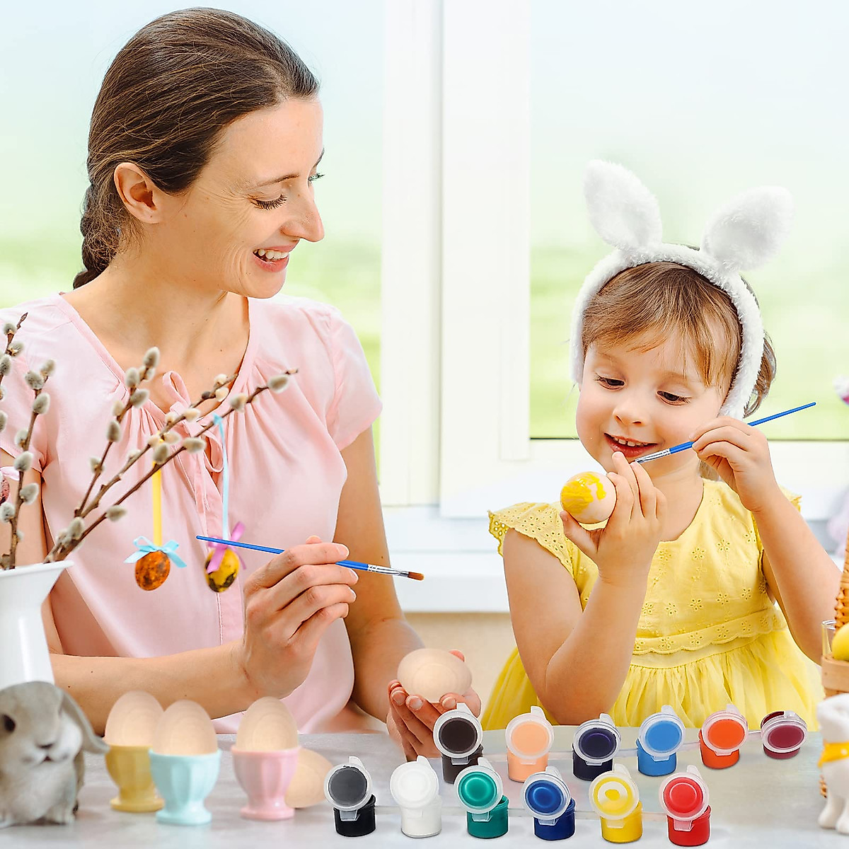 Fovths Elcoho 15 Packs Unfinished Wooden Easter Eggs Unpainted Easter Eggs Toys Mini DIY Fake Art Craft Eggs with Brushes and Paints for Easter Decorating Party Supplies, Natural