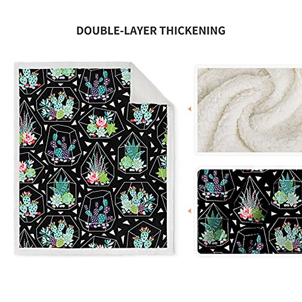 Jekeno Cactus Sherpa Blanket Plant Print Throw Blanket Lightweight Cozy Warm for Sofa Chair Bed Office 50"x60"