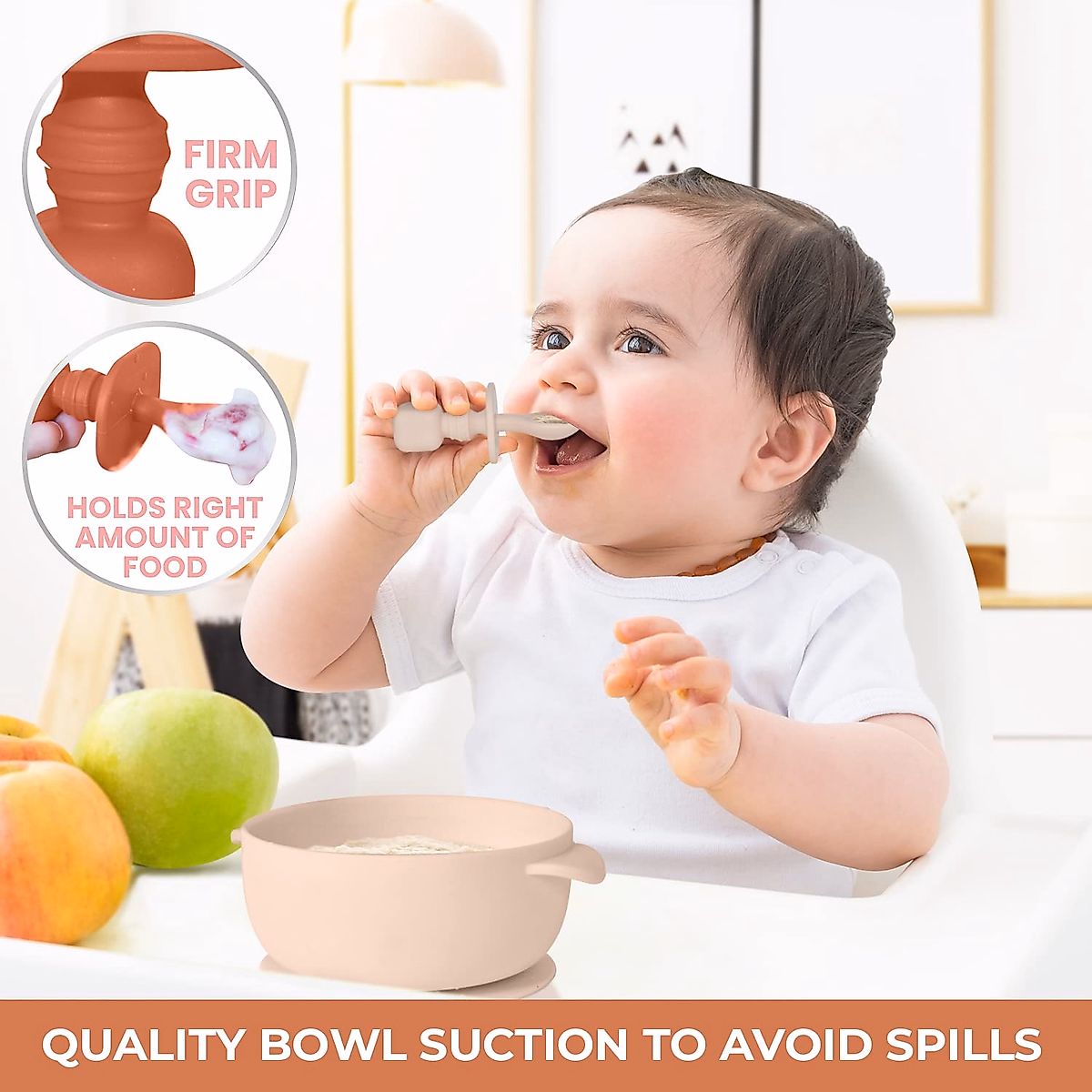 Silicone Suction Baby Bowl with Lid - BPA Free - 100% Food Grade Silicone - Infant Babies and Toddler Self Feeding Sunrise/French Beige