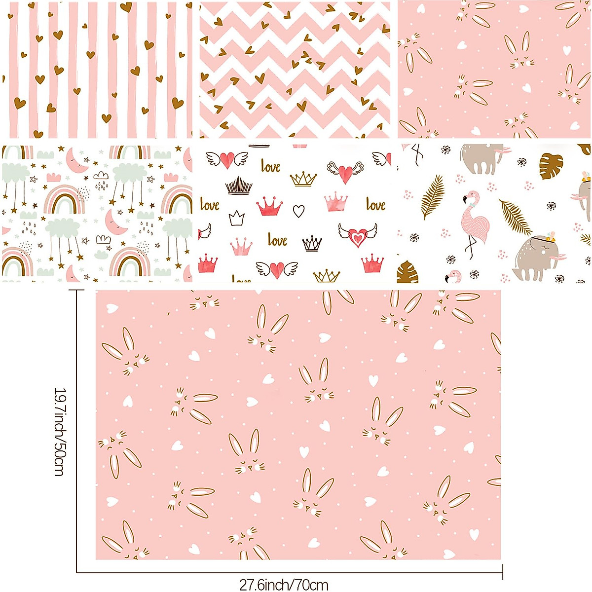 MAMUNU 6 Sheets Gift Wrapping Paper, Pink and Gold Folded Wrapping Paper with Heart, Bunny, Rainbow, Flamingo and Crown Designs for Women Girls Kids Birthday, Valentine's Day, Wedding, Baby Shower 50x70CM