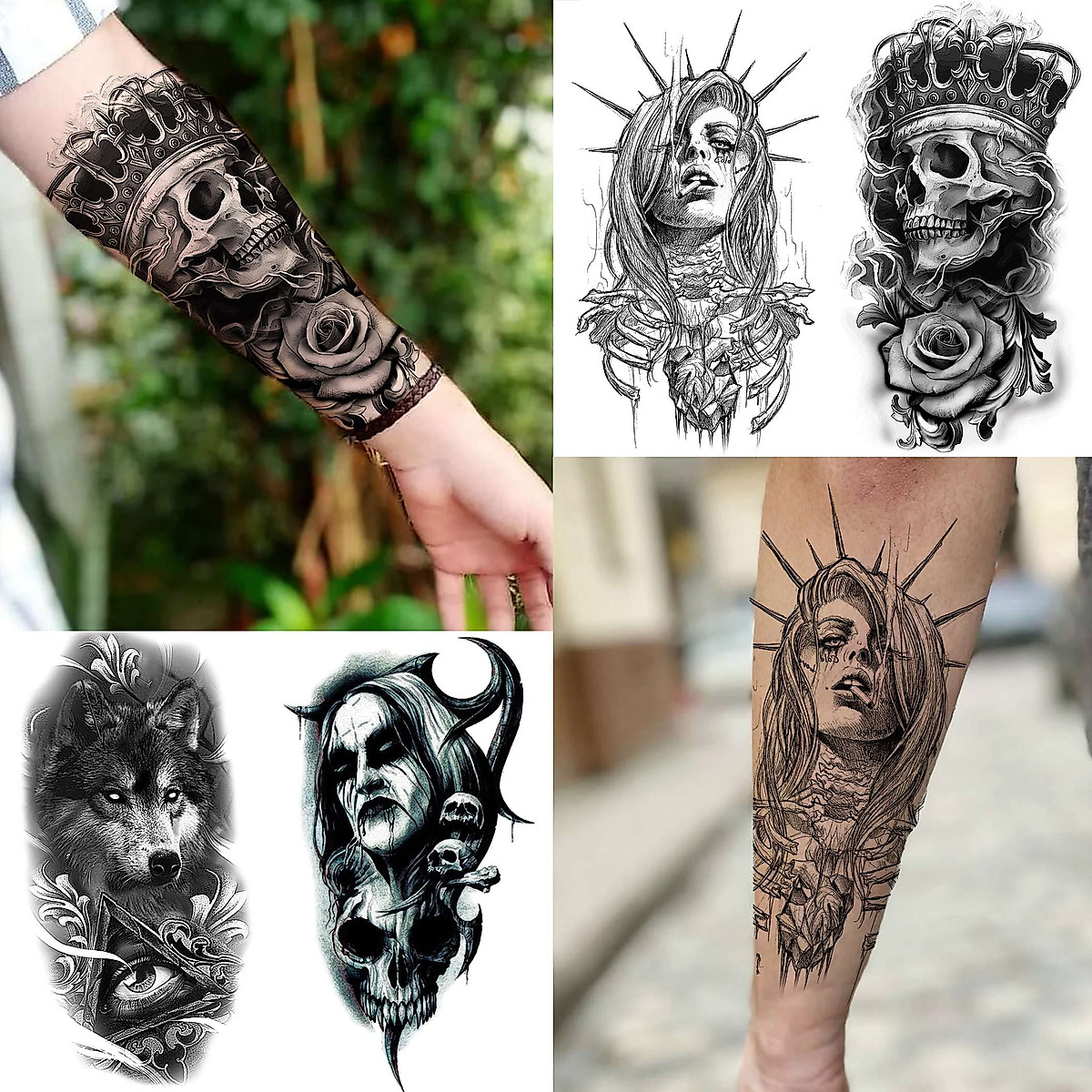 Shegazzi 62 Sheets Wolf Lion Skeleton Temporary Tattoos For Men Women Arm, 3D Realistic Tattoo Stickers For Adults Kids Neck, Black Scary Skull Halloween Vampire Fake Tatoos Snake Flower Compass