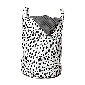 Lunarable Dalmatian Laundry Bag, Domestic Animal Dog Skin Print Dots Spots Pointy Forms Asymmetric Repetitive, Hamper Basket with Handles Drawstring Closure for Laundromats, 13" x 19", Dark Grey White