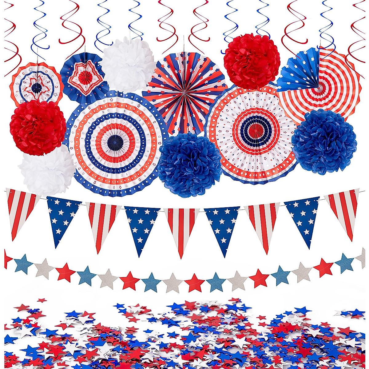 29PCS 4th/Fourth of July Patriotic Decorations Set - Red White Blue Paper Fans,USA Flag Pennant,Star Streamer,Pom Poms,Hanging Swirls Party Decor Supplies
