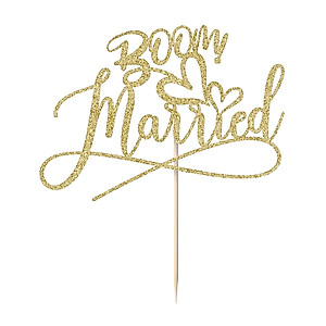 Sodasos BOOM! Married Wedding Cake Topper,Funny Cake Topper, Quirky, Nerdy Topper，Married Cake Topper，Bridal Shower，Theme Wedding Party Supplies (gold)