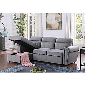 Lilola Home Ashton Gray Velvet Fabric Reversible Sleeper Sectional Sofa Chaise