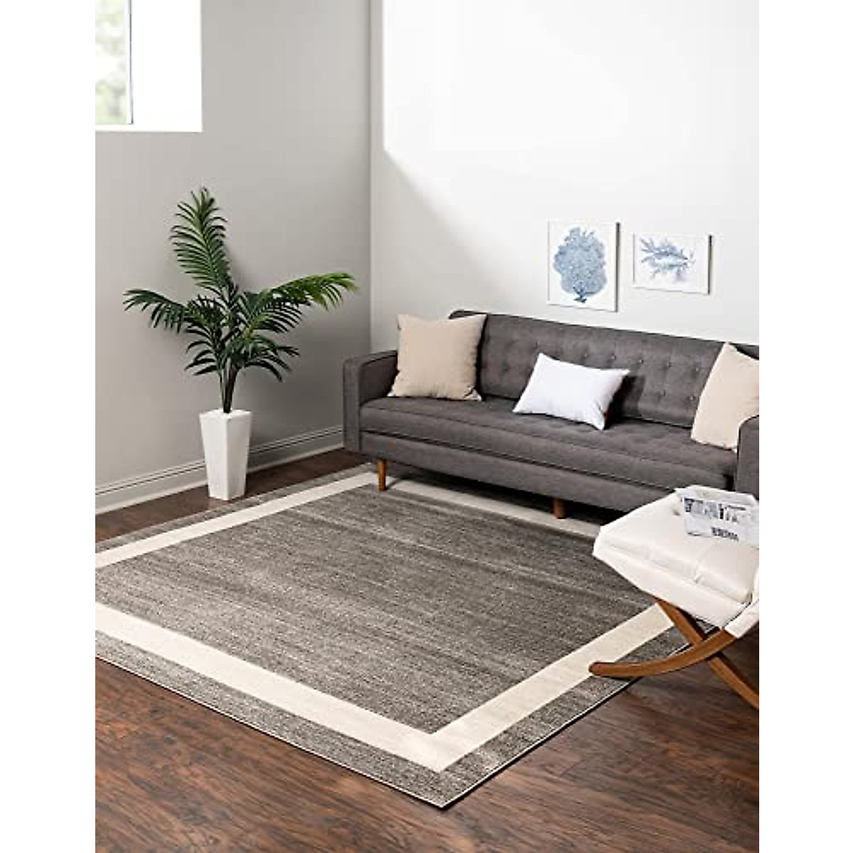 Unique Loom Del Mar Collection Area Rug-Transitional Inspired with Modern Contemporary Design, Square 8' 0" x 8' 0", Gray/Ivory