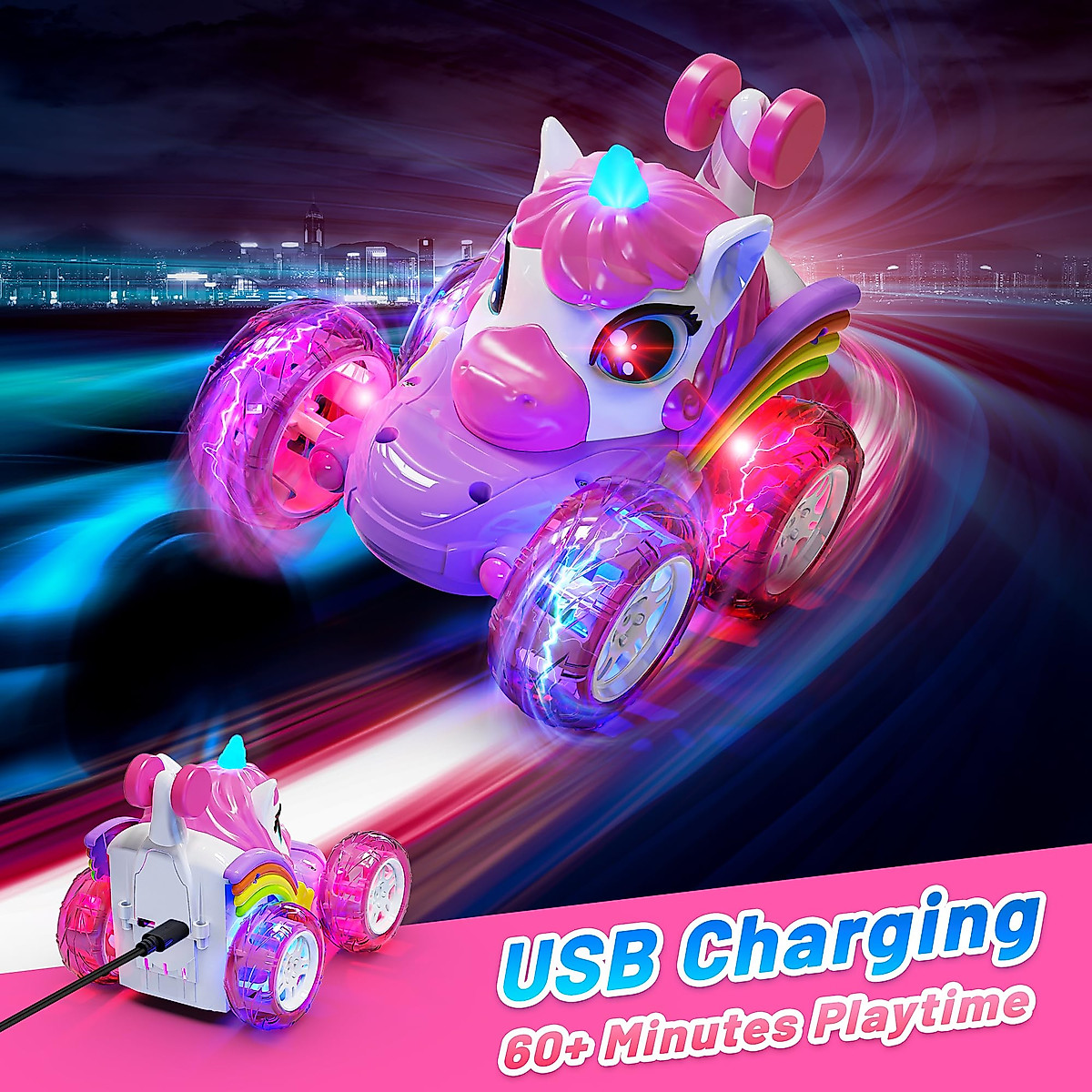 Carsky Remote Control Car RC Stunt Cars for Girl 360°Stunt Rotation 4WD Remote Cars for Kids 3-6 Double Sided RC Car with LED Lights,2.4GHz Electric Toy Car,Birthday Gift for 3 4 5 6 Year Old Girl