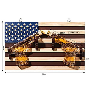 Pistol Whiskey Decanter Set of 2 300ml On American Flag Wall Rack by The Wine Savant - Tik Tok Gun Decanter, Veteran Gifts, Military Gifts, Home Bar Gifts, Law Enforcement Gifts