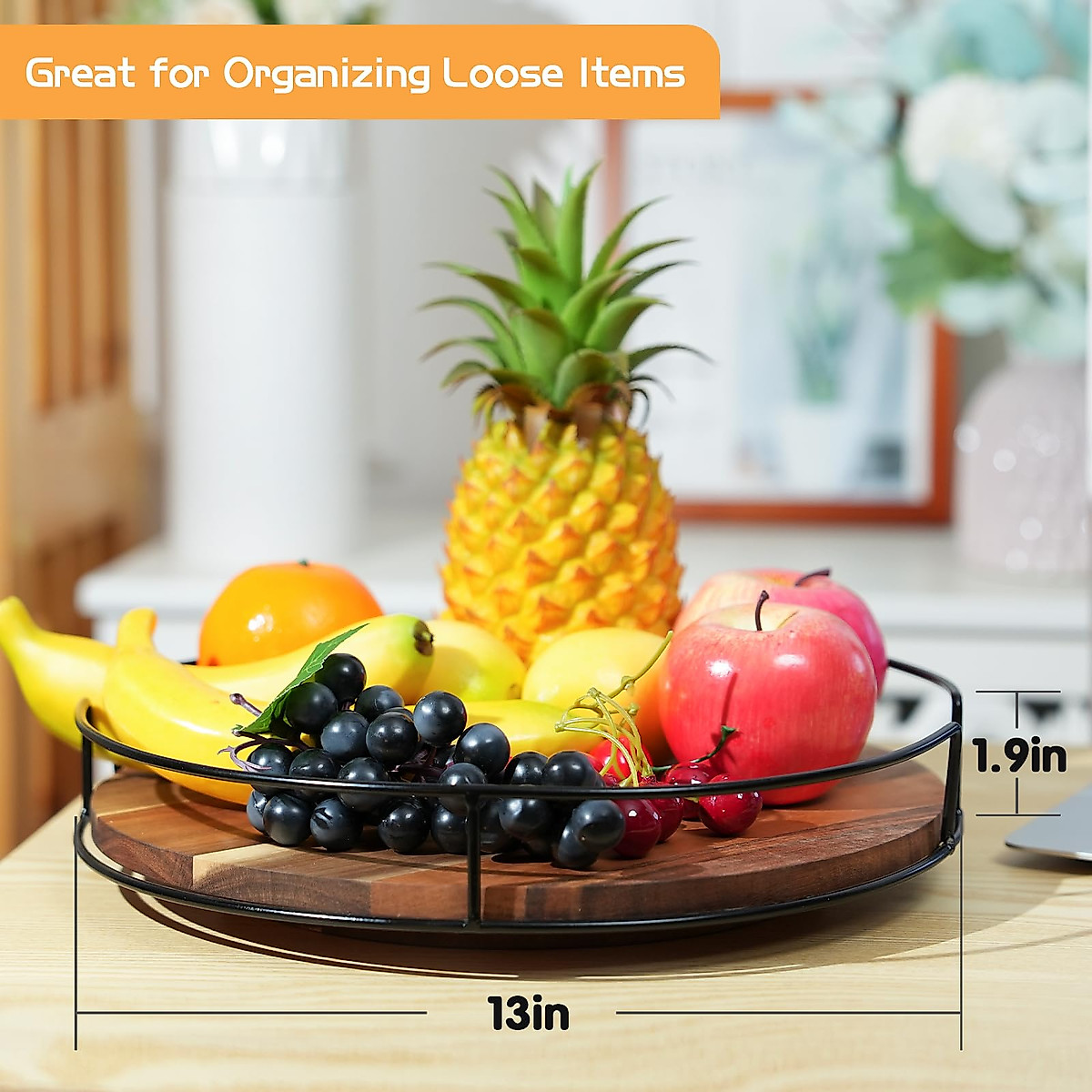 Lazy Susan Organizer, HYMENEX Lazy Susan Turntable for Cabinet Acacia Wood Lazy Susan for Table 13-inch Lazy Susan Organizer for Cabinet Spice Fridge Pantry Countertop, 360 Degree Turntable