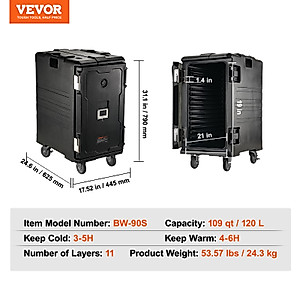 VEVOR Insulated Food Pan Carrier, 127 Qt Hot Box for Catering, LLDPE Food Box Carrier w/Double Buckles, Front Loading Food Warmer w/Handles, End Loader w/Wheels for Restaurant, Canteen, etc. Black