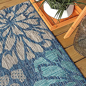 JONATHAN Y SMB110C-8 Zinnia Modern Floral Textured Weave Indoor Outdoor Area-Rug Bohemian Coastal Easy-Cleaning Bedroom Kitchen Backyard Patio Non Shedding, 8 X 10, Navy/Aqua