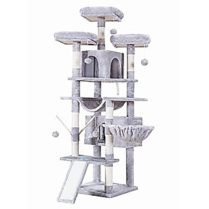Hey-brother Cat Tree, 71 inches XL Large Cat Tower for Indoor Cats, Multi-Level Cat House with 3 Padded Perches, Big Scratcher, Cozy Basket, 2 Cat Condos and Scratching Posts, Light Gray MPJ034W