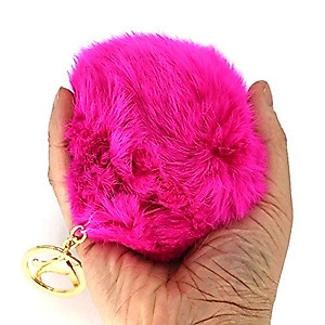 Miraclekoo Cute Rabbit Fur Ball Pom Pom Key Chain Rose Fluffy Keychain with Plush for Car Key Ring or Handbag Bag Decoration