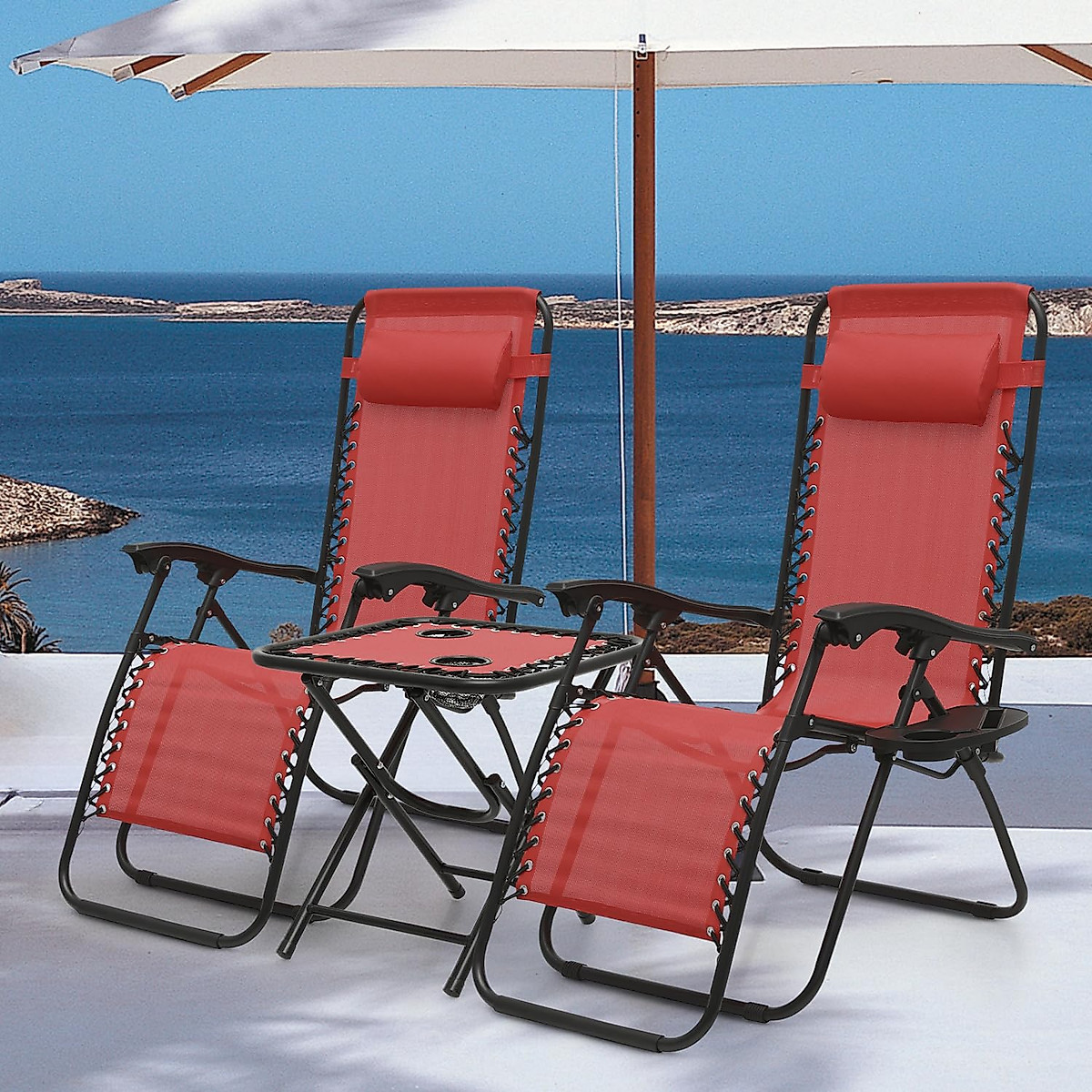 MoNiBloom 3PCS Leisure Chairs Table Set Outdoor Furniture Zero Gravity Chairs Recliner Adjustable Folding Lounger for Pool Patio Camping Yard Beach Vacation, 330lbs Capacity, Maroon