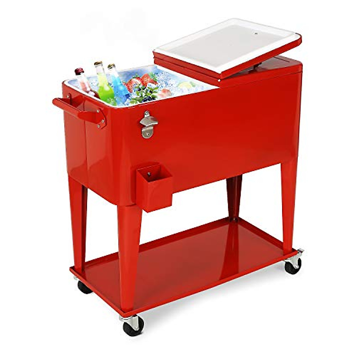 YUSING Patio Rolling Cooler Ice Chest Cart with Bottom Shelf, Portable Beach Patio Party Bar Cold Drink Beverage Chest, 80 Quart, Red