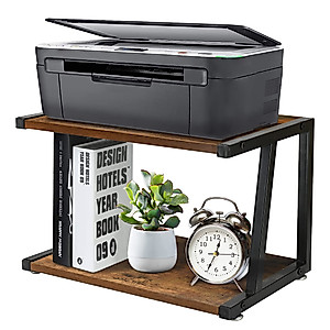 DORAMII Rustic Wood Printer Stand and Desktop Organizer, Desktop Printer Storage with Shelf, 2-Tier Wood Home and Office Printer Rack, Desktop Printer Stand with Metal Frame