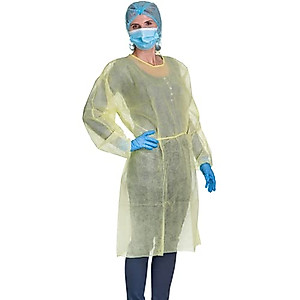 Disposable Isolation Gown | Yellow | One Size Fits All | Fluid Resistant Protective Gowns (10 Pack)