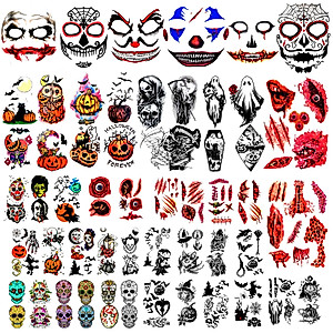 Yazhiji 42 Sheets Halloween Temporary Tattoo Family Set Day of Dead Pumpkin Ghost for Women Black Fake Death Skull Skeleton Tatoos for Men Boy and Girl, Halloween Zombie Makeup Tattoo Kit