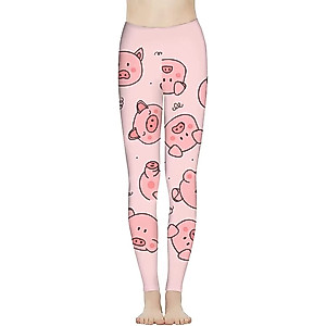 Funny Cartoon Pink Pig High Waist Yoga Pants Cute Pig Face Seamless Pattern Sports Gym Running Leggings Animal Print Pink Background Workout Pants Full Length Tummy Control for Women Teen Girls (XL)