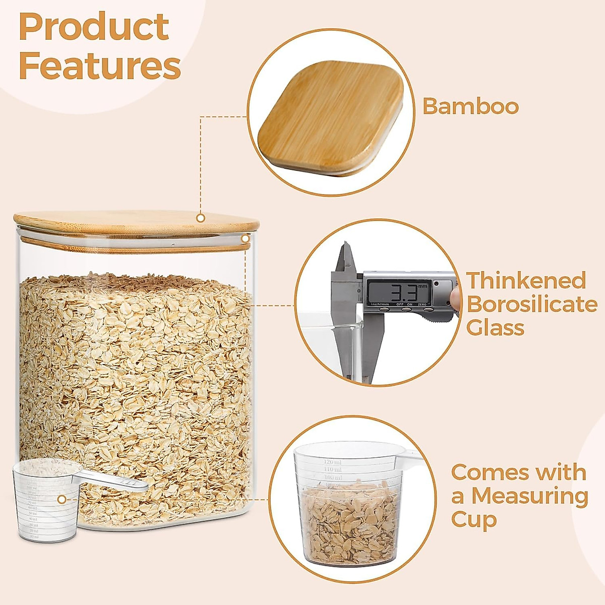 ComSaf 122 oz Glass Food Storage Containers, Cereal Storage Containers with Airtight Lids, Large Square Glass Jars with Bamboo Lids, for Rice, Pasta, Oats, Grains, Coffee Beans