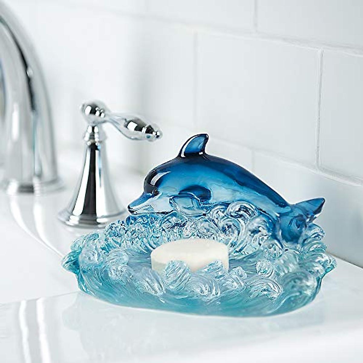 Allure Home Creation Jump for Joy Dolphin 4-Piece Bathroom Accessory Set-Resin Lotion Dispenser, Toothbrush Holder, Soap Dish and Plastic Wastebasket