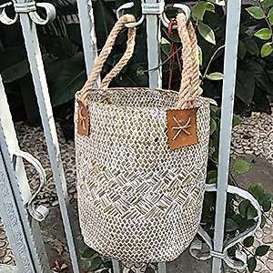 HANABASS Hanging Planters Hanging Flower Pot Multifunction Handmade Seagrass Braided Basket Flower Pot Desktop Storage Box Woven Laundry Basket(White Big) Hanging Indoor Planters Indoor Planter