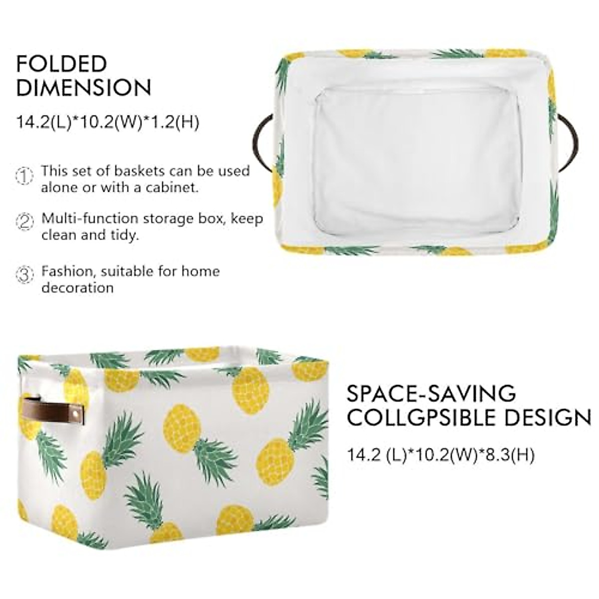 Pineapple Storage Basket Bins Sturdy Toy Storage Organizer Bins Laundry Basket with Handles for Bedroom Office Clothes Pet Nursery Living Room,2 pcs