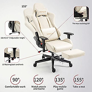 Darkecho Gaming Chair Office Chair with Footrest Massage Vintage Leather Ergonomic Computer Chair Racing Desk Chair Reclining Adjustable High Back Gamer Chair with Headrest and Lumbar Support Ivory