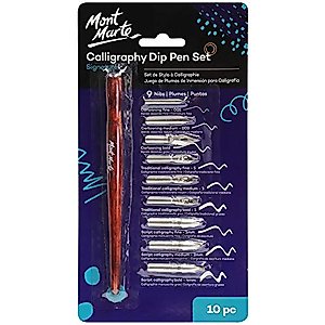 Mont Marte Signature Calligraphy Dip Pen Set, 9 Nibs, Includes Wooden Dip Pen Handle, Interchangeable Nibs, Suitable for All Calligraphic Writing Styles