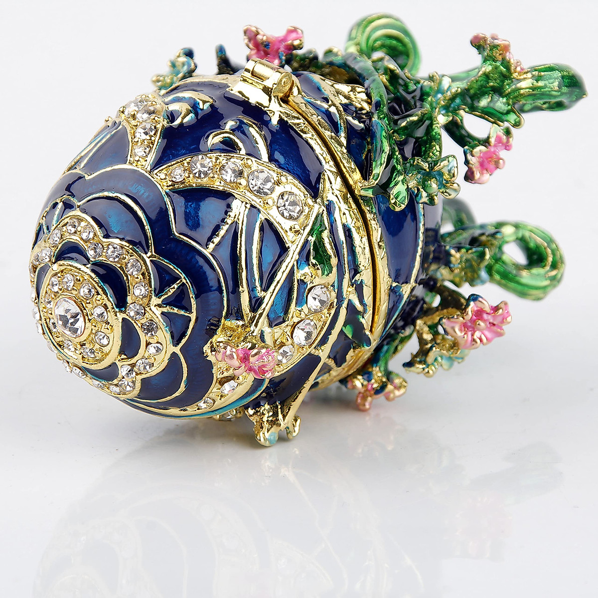 SEVENBEES Hand-Painted Flower Faberge Egg Trinket Box Hinged with Rich Enamel and Sparkling Rhinestones Jewelry Boxes Gift for Home Decor