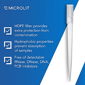 MICROLIT - Filtered Micropipette Pipette Tips, Low-Retention and Clean-Release Hydrophobic Transfer Pipette Tips, Universal Fit 1000 ul Pipette Tips, 480-Count Plastic Pipette Tips, 1 Pack of 5 Racks