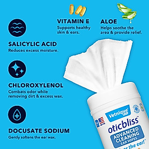 Oticbliss Advanced Cleaning Wipes XL (60 Ct) and Oticbliss Advanced Cleaning Flush (8 oz) Bundle Complete Dog Ear Care with Dog Ear Cleaning Wipes Plus Ear Cleaning Solution for Dogs