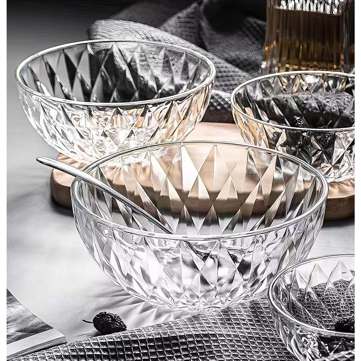 Glass Bowl, Decorative Diamond Design Bowls For Kitchen & Home Décor, Centerpiece Table Decorations Great For Dining, Living Room Décor, Serving Bowls, Salad Bowl, Pasta Bowls, Candy Bowl, Fruit Bowl.