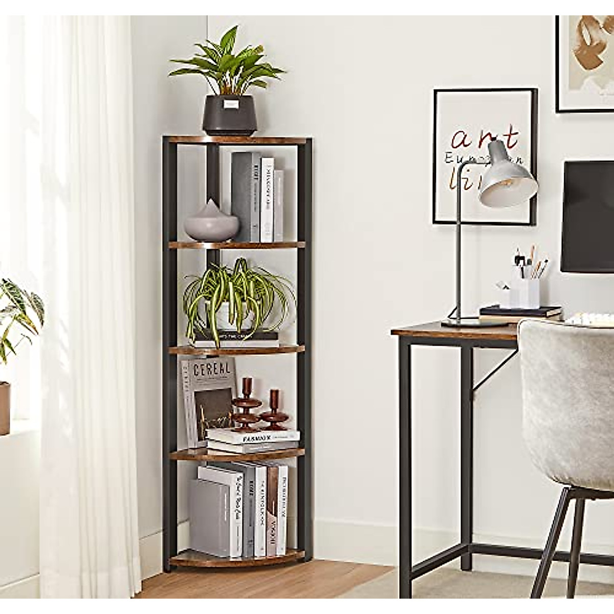 VASAGLE 5 Tier Corner Shelf Stand, Corner Bookshelf, Tall Corner Storage Shelves, Industrial Rack Plant Stand for Living Room, Bedroom, Home Office, Rustic Brown and Black ULLS801B01