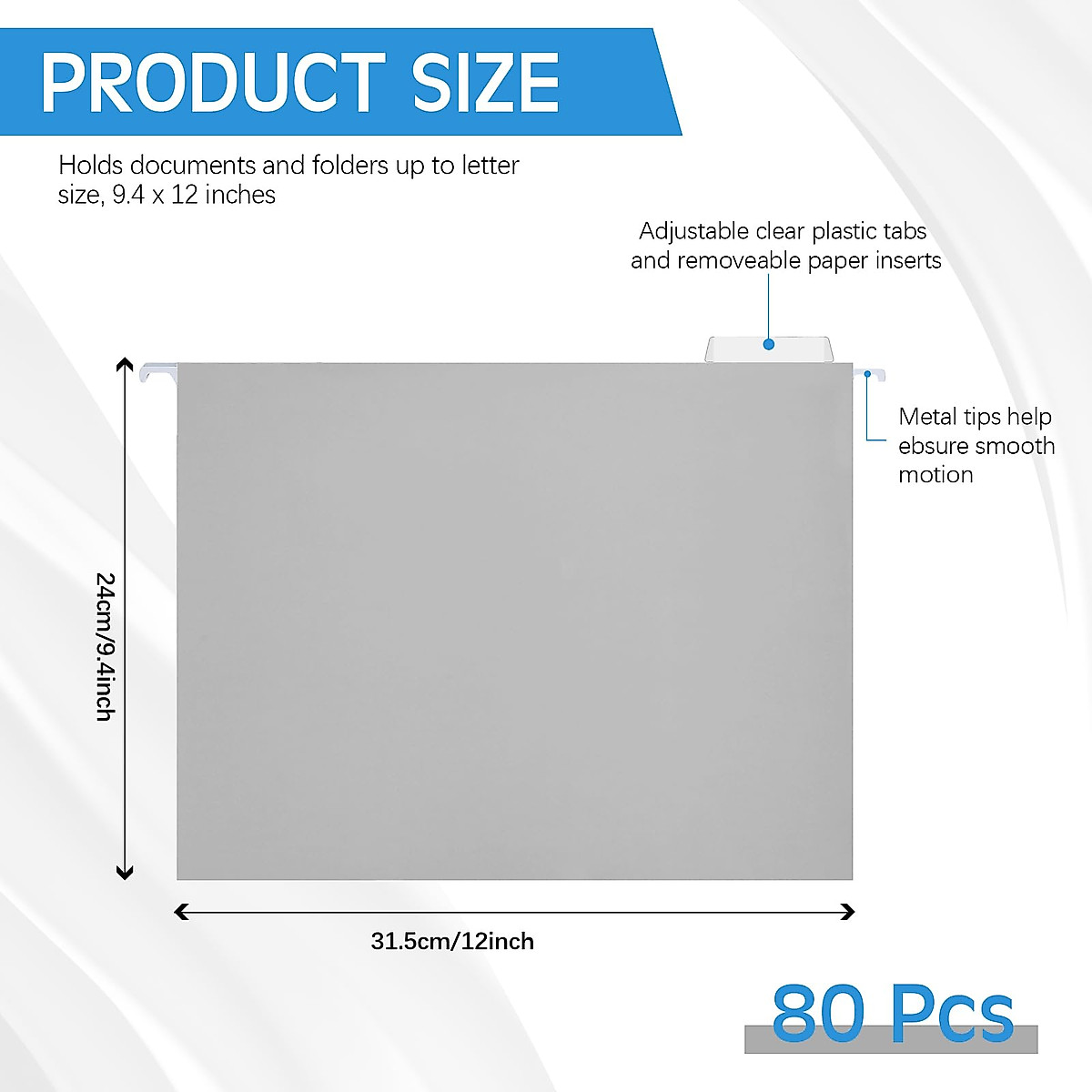 Qeeenar 80 Pack Hanging File Folders Letter Size File Cabinet 1/5 Cut Adjustable Tabs Filing Folders Organizer Bulk for Office School Home Document Storage Supplies, 12.4 x 9.4 Inch (Grey)