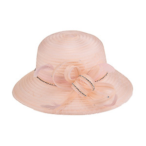 DANTIYA Women's Bowler Church Cloche Hat Bling Bing Organza Bridal Dress Cap (Pink, One Size)