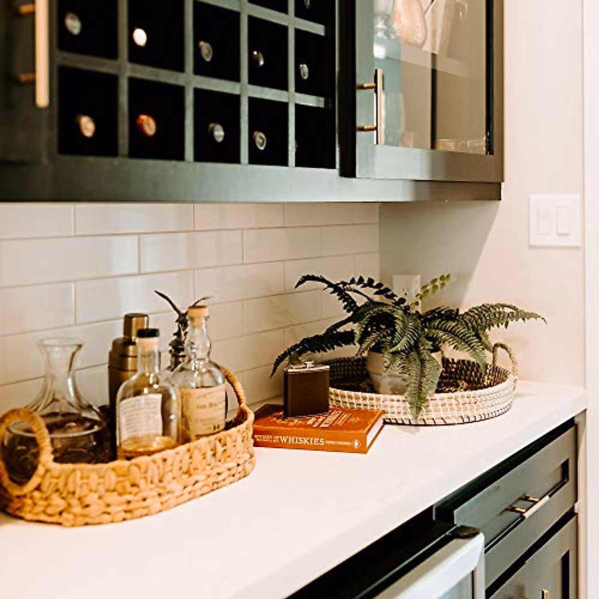 Woven Seagrass Tray with Handles, 18 Inch Round, Purple Floral Design for Centerpiece, Walls, Tables