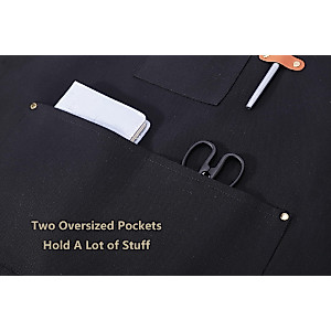 AFUN Chef Aprons for Women Men with Large Pockets, Cotton Canvas Cross Back Water Repellent Work Apron, Size M to XXL (Black)