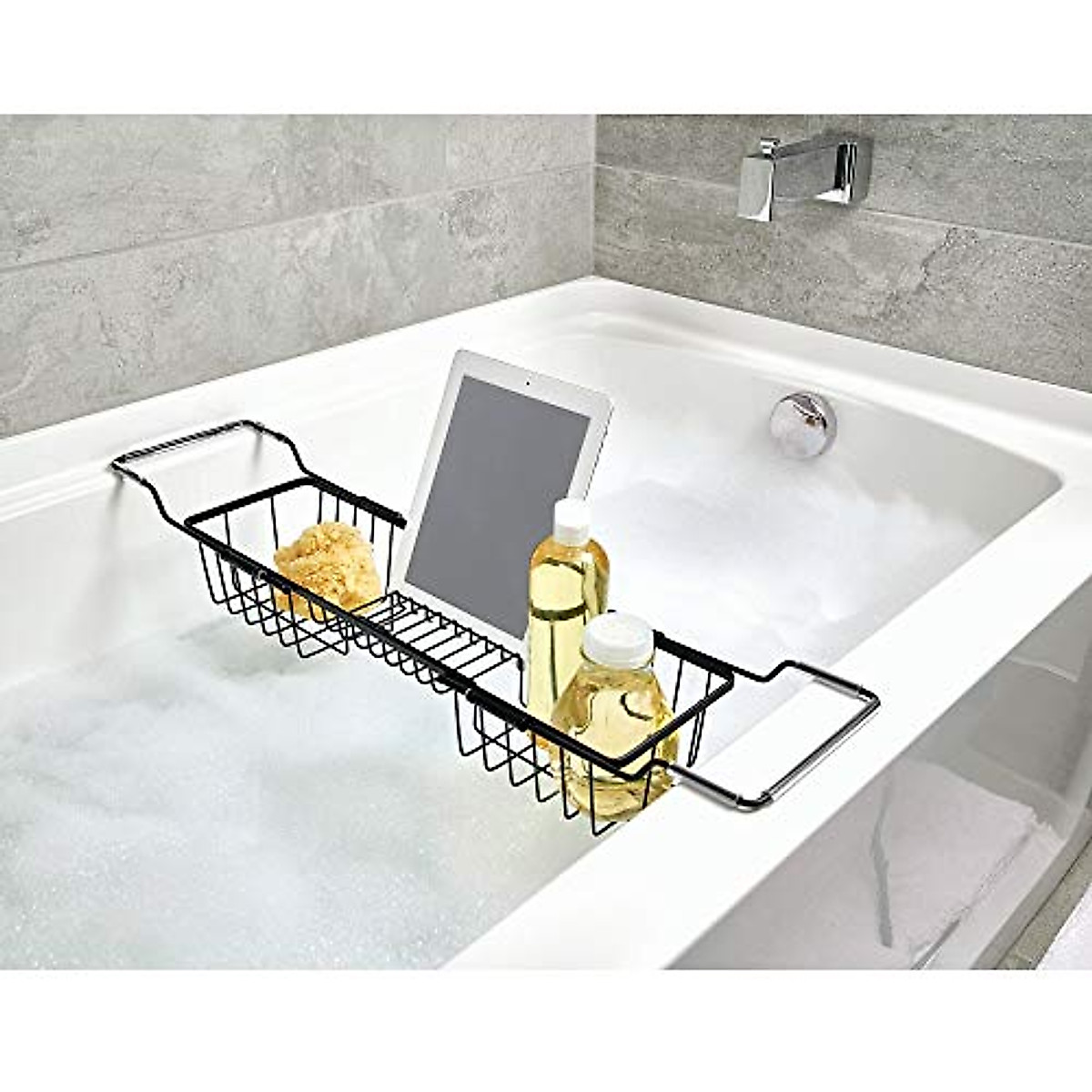 iDesign Everett Metal Adjustable Over the Tub Caddy Basket for Master, Guest, Kid's Bathroom, 22.55" x 6.7" x 4.41", Matte Black