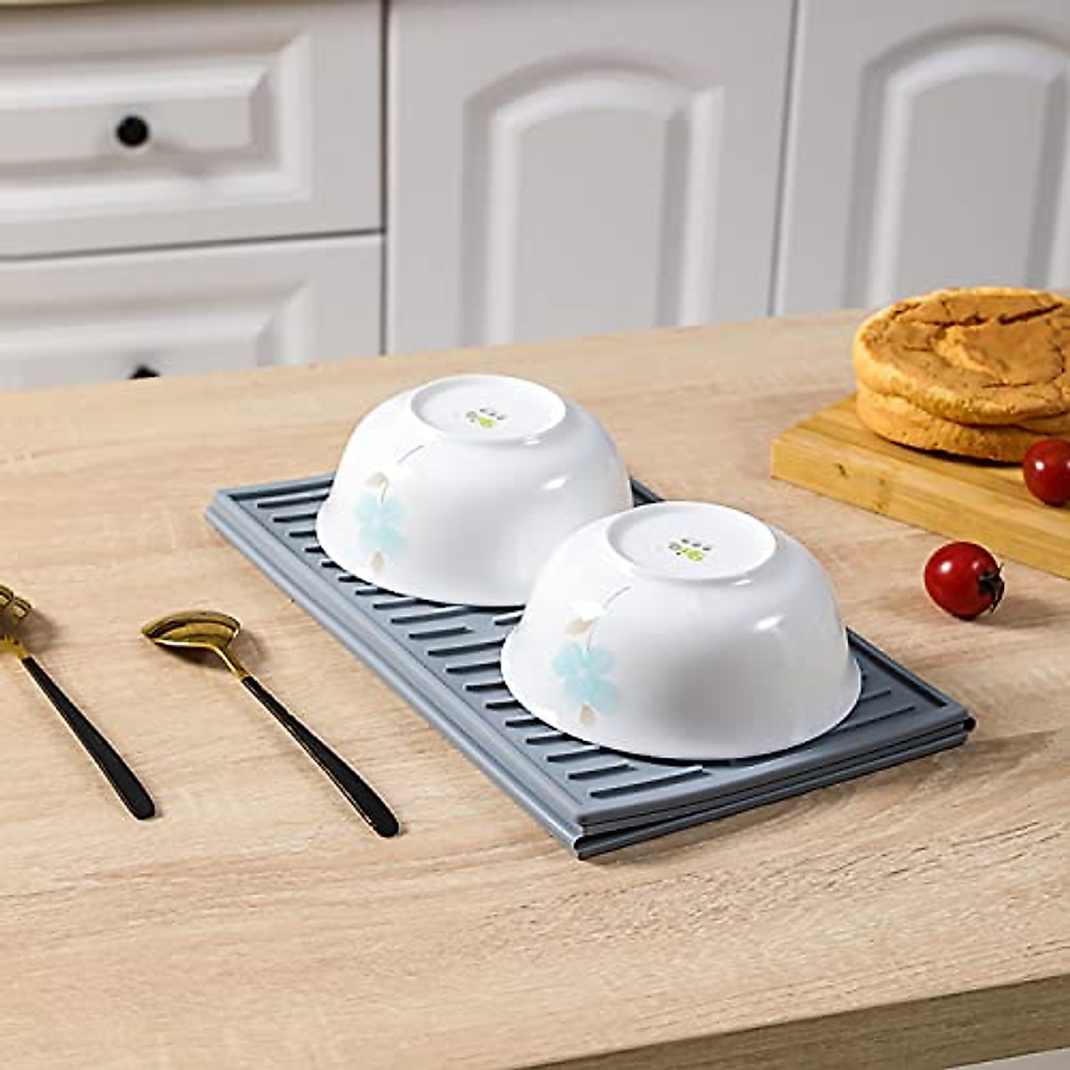 Extra Large Christmas Dish Drying Mat for Kitchen Counter, 24*13 Inch Trifold Food Grade Silicone Drying Mats Countertop, Heat & Cold Resistant (Black)