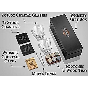 Whiskey Stones Gift Set for Men | Whiskey Glass and Stones Set with a Classy Gift Box, 6 Granite Round Whiskey Stones and 10oz Whiskey Glasses | Whiskey Lovers Gifts for Men, Dad, Husband, Boyfriend