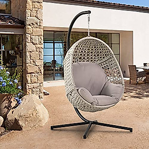 PRIVATE GARDEN Large Hanging Egg Chair with Stand Upgraded Wicker Egg Swing Chair Outdoor Indoor PE Rattan Hanging Chair with Grey Comfort Cushion Heavy Duty C-Stand