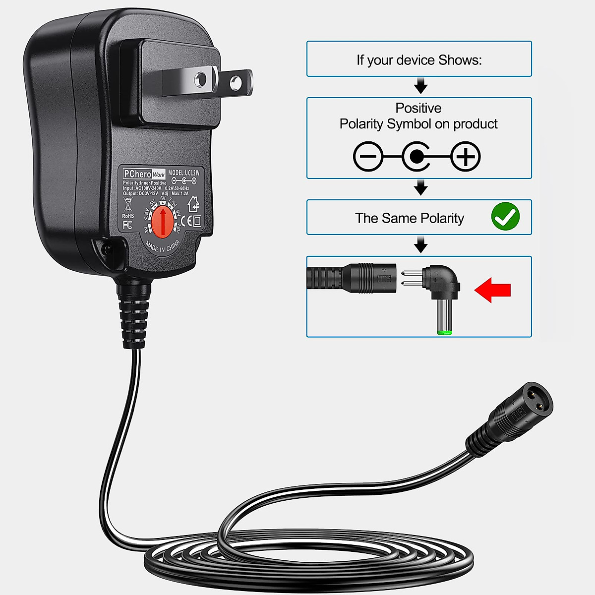 PChero 12W Universal Multi Voltage AC/DC Adapter Switching Power Supply with 8 Selectable Adapter Plugs, Suitable for 3 V to 12 V Home Household Electronics Devices