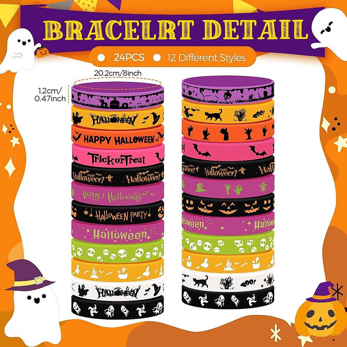 48 Pcs Halloween Pencils Halloween Rubber Bracelets Set Halloween Party Favors for Kids Ghost Pumpkin Skeleton Bat Spider Pencils Silicone Wristbands Trick or Treat Gifts Classroom Gifts for Students